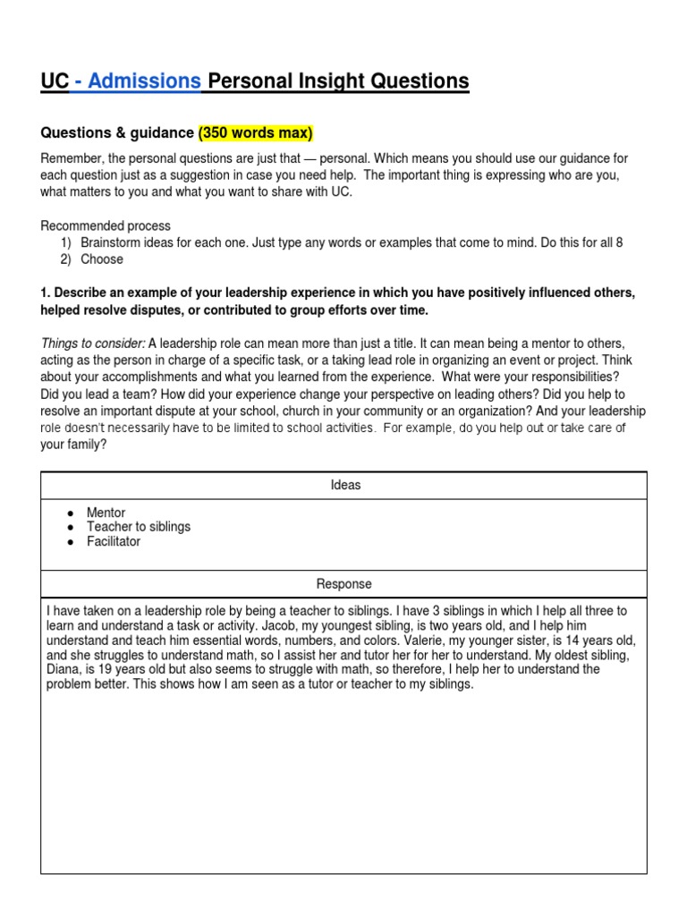 Admissions: UC Personal Insight Questions | PDF | Creativity | Mentorship
