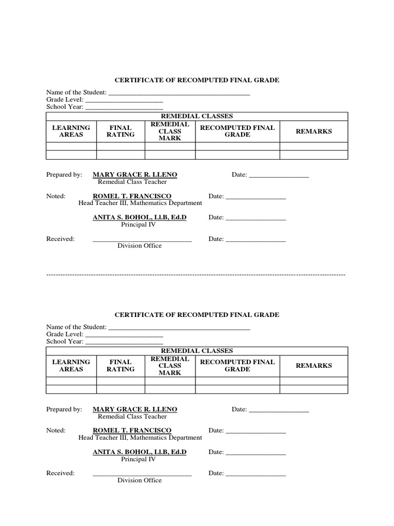 Certificate of Recomputed Final Grade | PDF