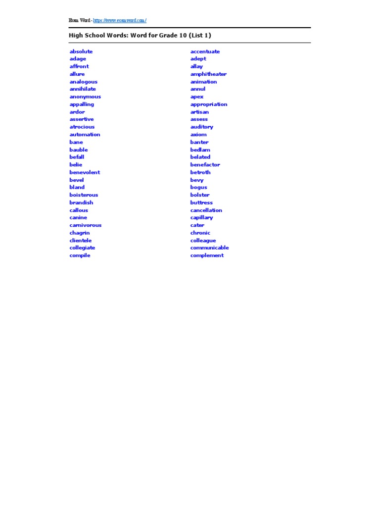 High School Words: Word For Grade 10 (List 1) | PDF