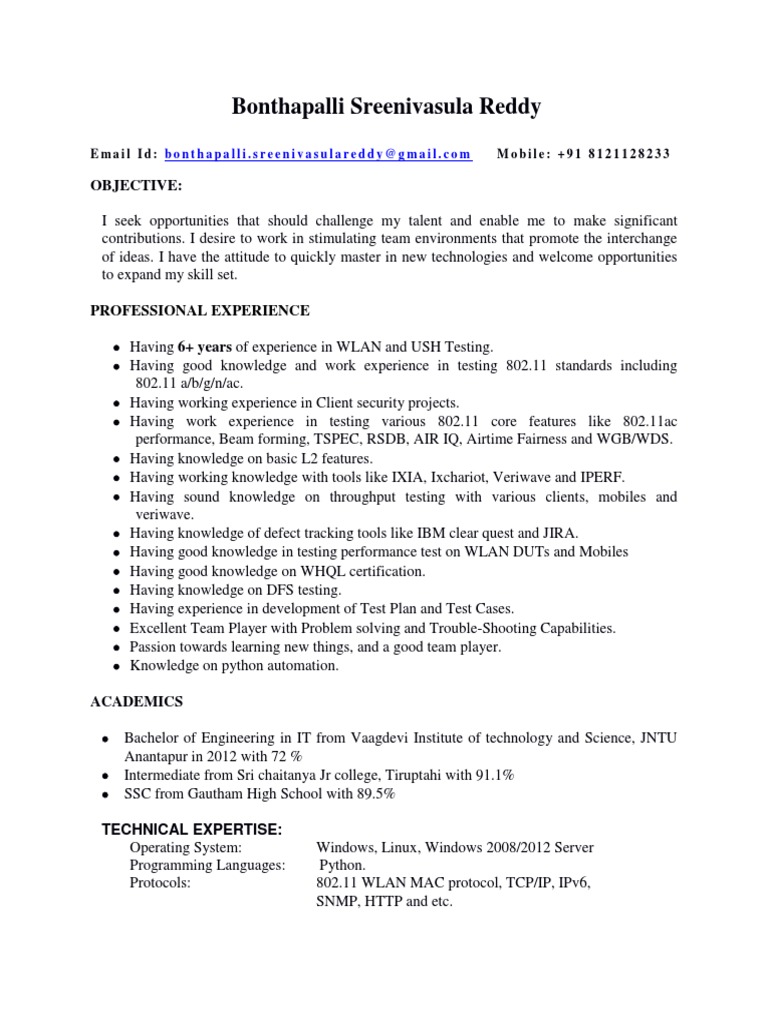 Bonthapalli Sreenivasula Reddy: Professional Experience | PDF | Wireless Lan | Ieee 802.11