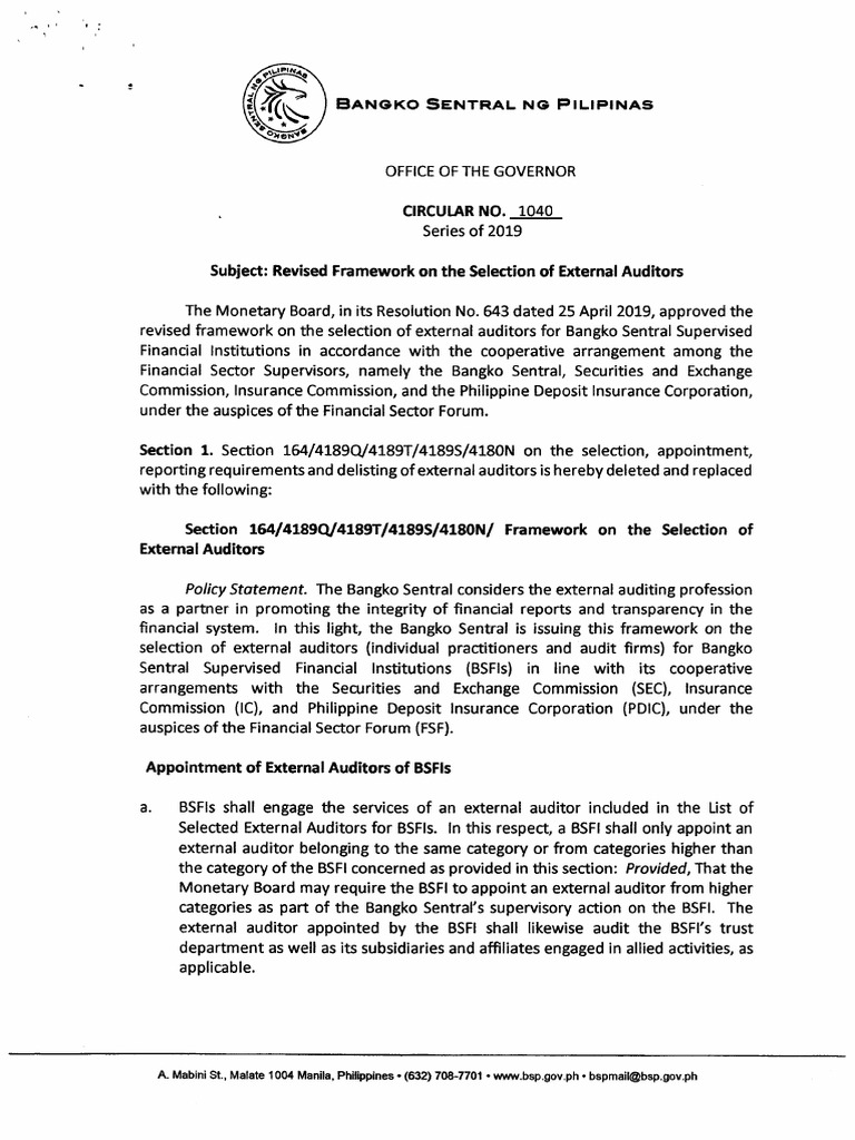 BSP Revised Framework On Selection of External Auditors | PDF | Audit ...