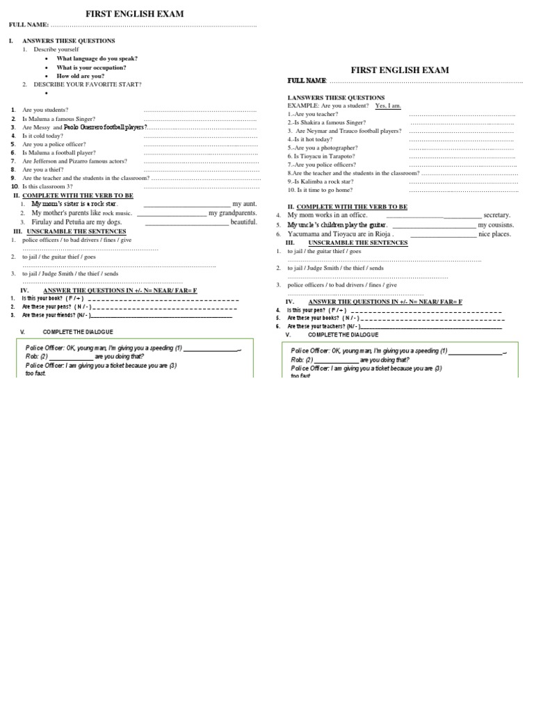 First English Exam: Answering Questions, Completing Sentences, and ...