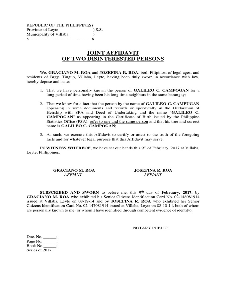 Joint Affidavit of Two Disinterested Persons: Affiant Affiant | PDF