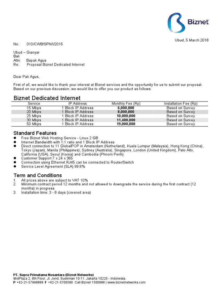 Biznet Dedicated Internet Proposal | PDF | Ip Address | Internet