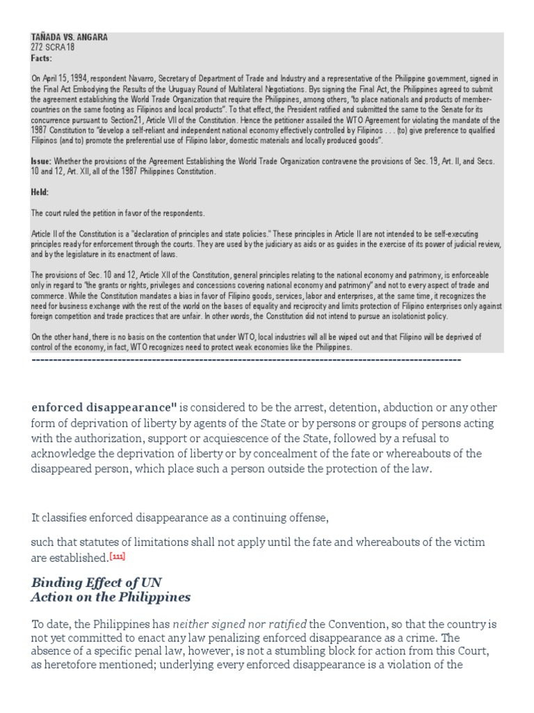 Binding Effect of UN Action On The Philippines: Tañada vs. Angara Facts ...