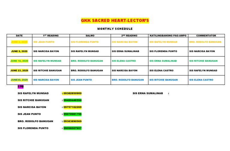 GKK Sacred Heart-Lector'S: Monthly Schedule | PDF