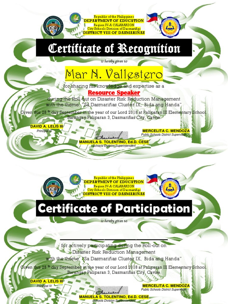 DRRM Participation Certificate Template | PDF | Disaster And Accident