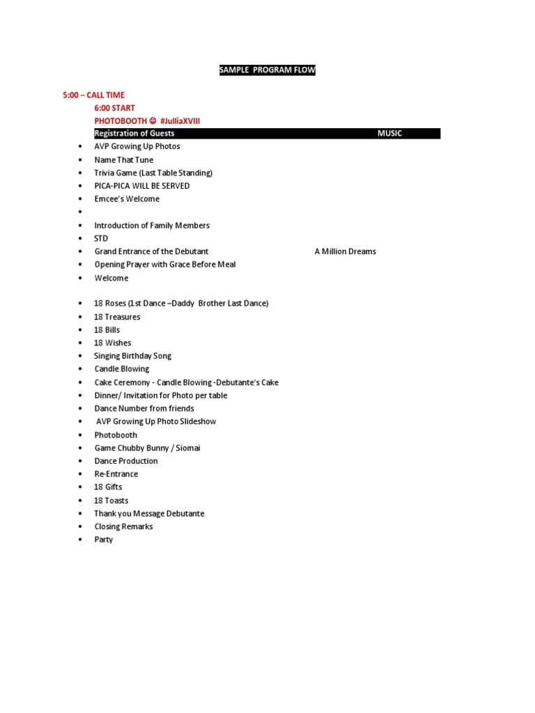 Sample Program Flow: 5:00 - Call Time 6:00 START Photobooth # ...
