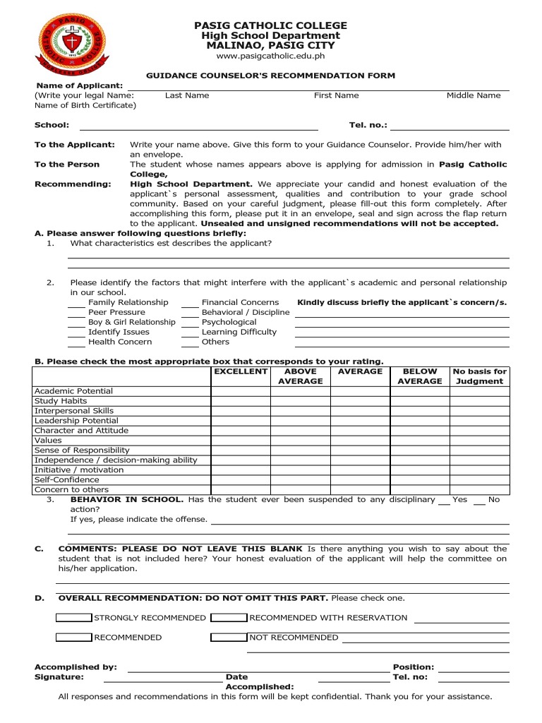 Guidance Counselor Recommendation Form | PDF | School Counselor ...
