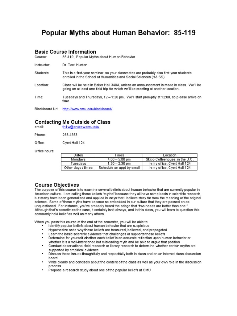 Popular Myths Syllabus | PDF | Homework | Test (Assessment)