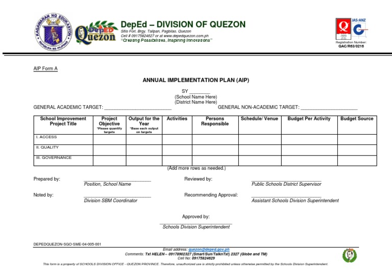 Deped - Division of Quezon: Annual Implementation Plan (Aip) | PDF ...