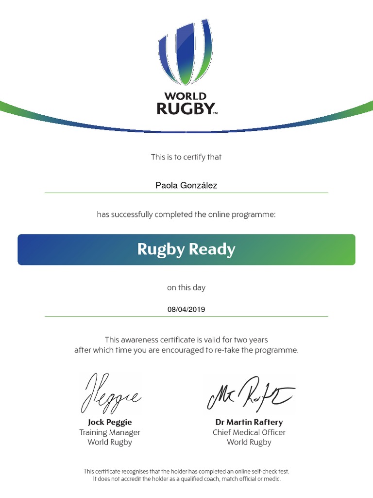 Rugby Ready Certificate 08-04-2019 | PDF | Vocational Education ...