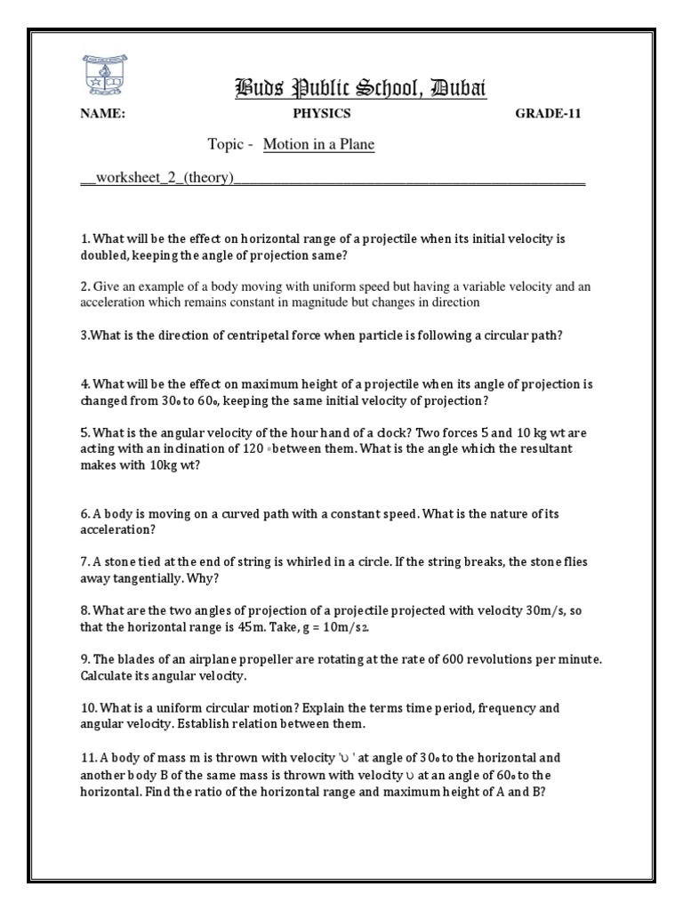 Grade 11 Physics: Motion in a Plane Worksheet | PDF | Science & Mathematics