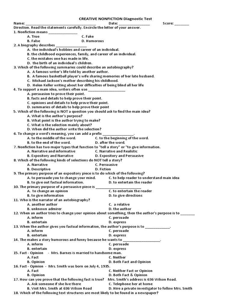 Creative Non Fiction Pre Test | PDF | Non Fiction | Creative Nonfiction