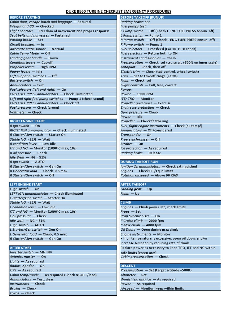 Duke b60 Turbine Checklist | PDF | Takeoff | Landing Gear