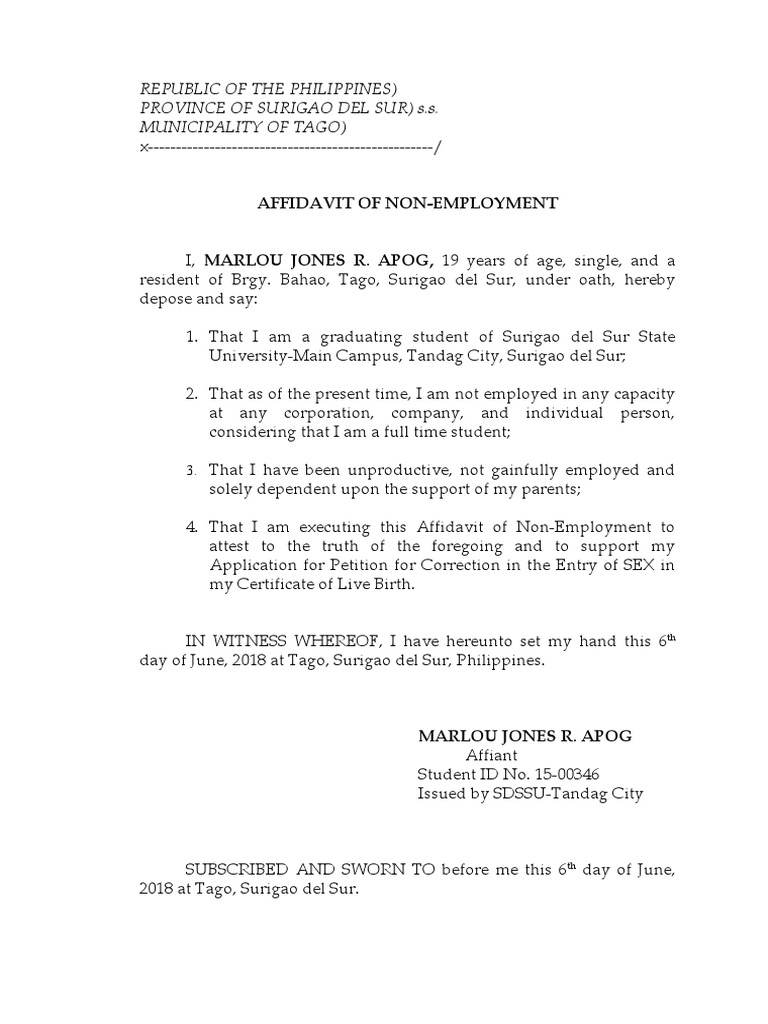 Affidavit (Non-Employment) - MARLOU JONES APOG | PDF | Affidavit ...