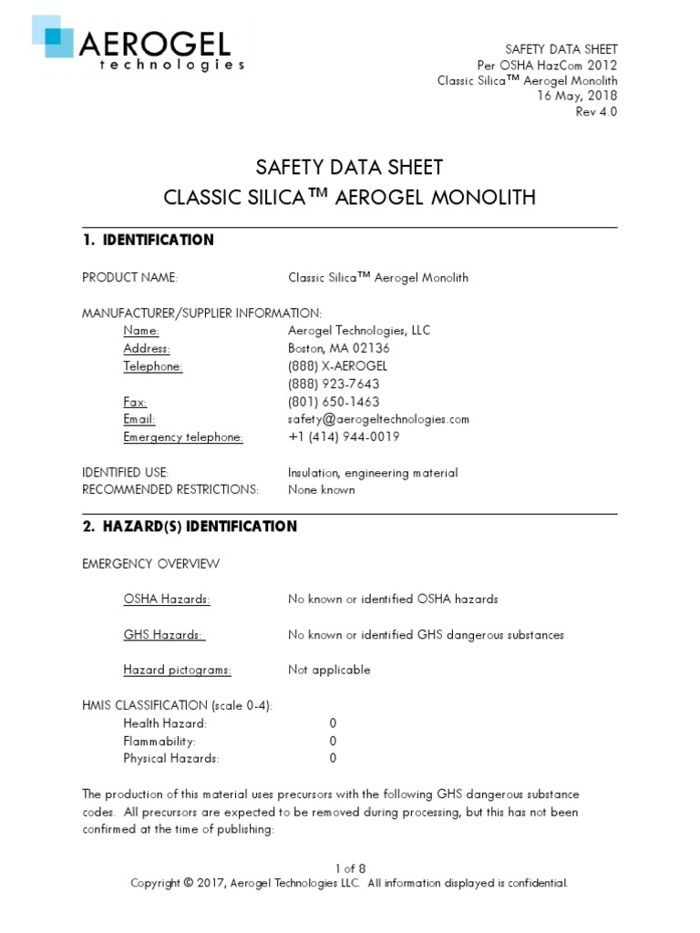 Safety Data Sheet Classic Silica™ Aerogel Monolith: 1. Identification ...