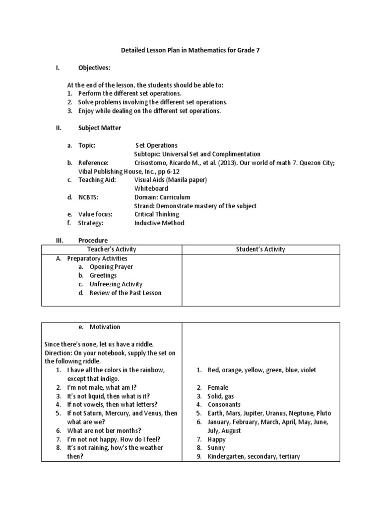 A Detailed Lesson Plan in Geometry Universal Set Complimentation | PDF ...