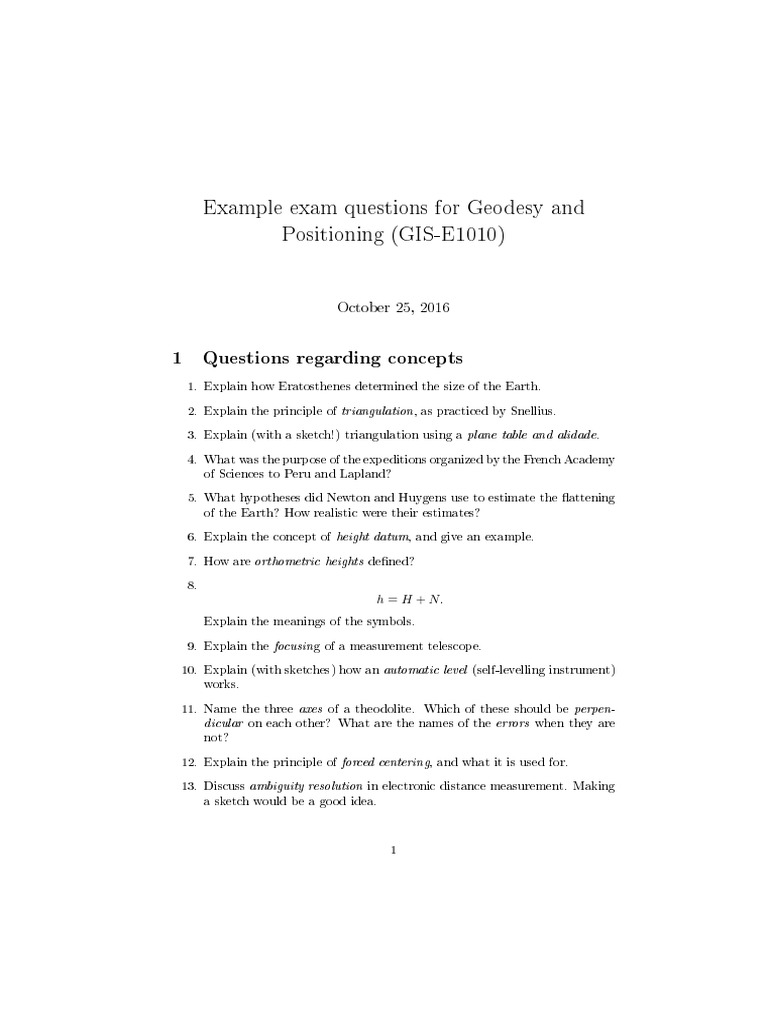 Example Exam Questions For Geodesy and Positioning (GIS-E1010) | PDF ...