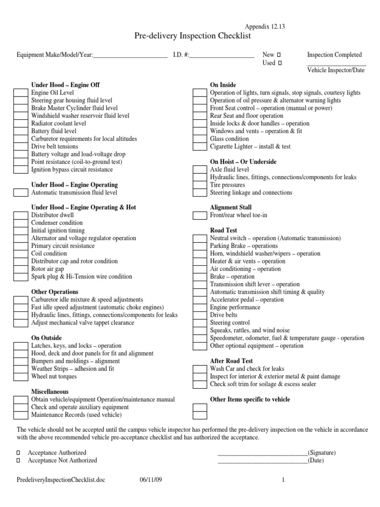 Pre-Delivery Inspection Checklist: Under Hood - Engine Off On Inside ...