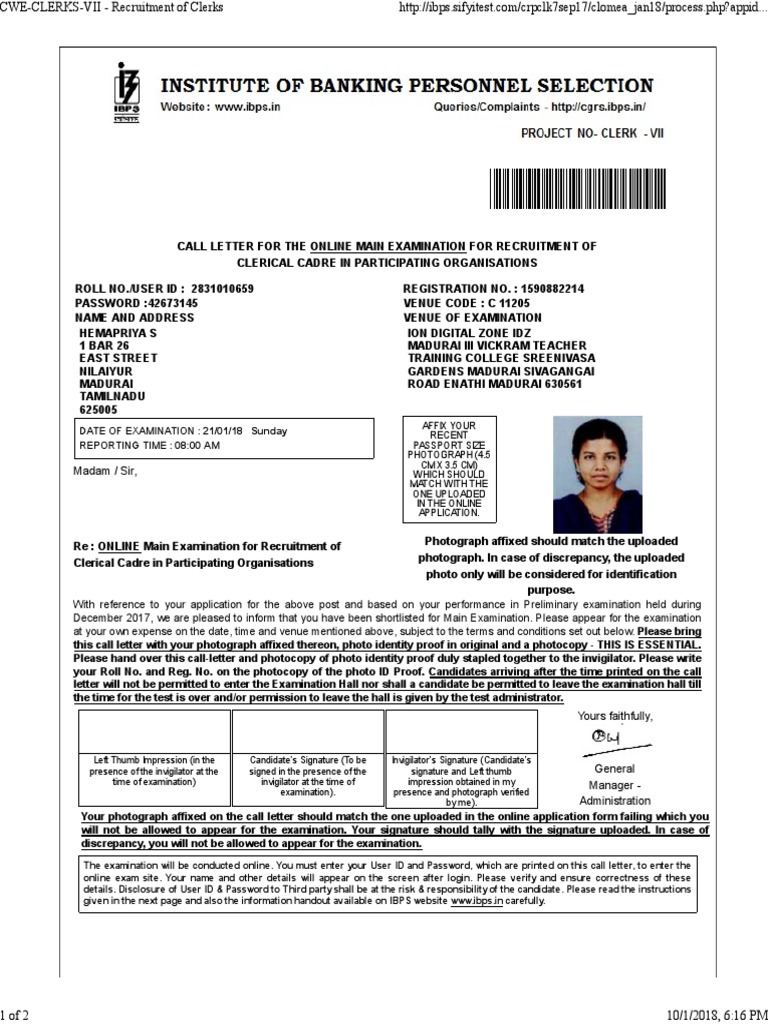 Clerk Exam Call Letter Details | PDF | Identity Document | Biometrics