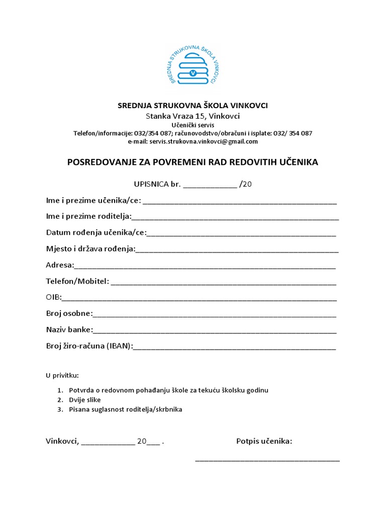 Upisnica I Privola Za Maloljetne | PDF