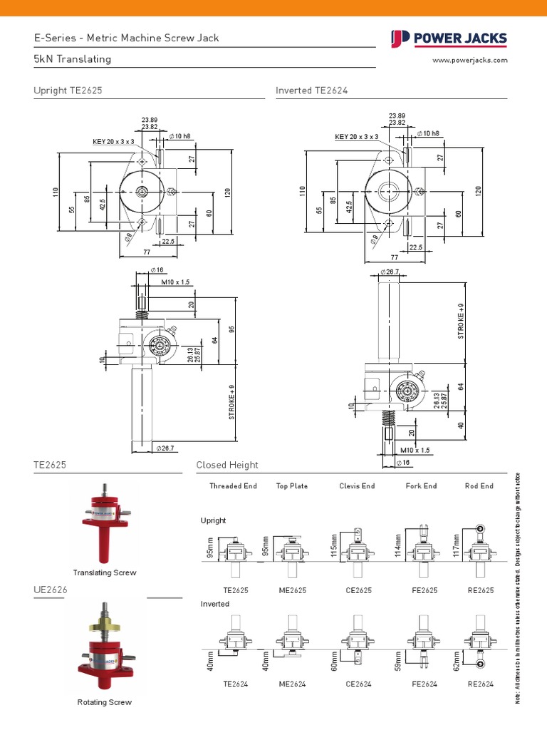 E-Series - Metric Machine Screw Jack 5kN Translating: Inverted TE2624 ...