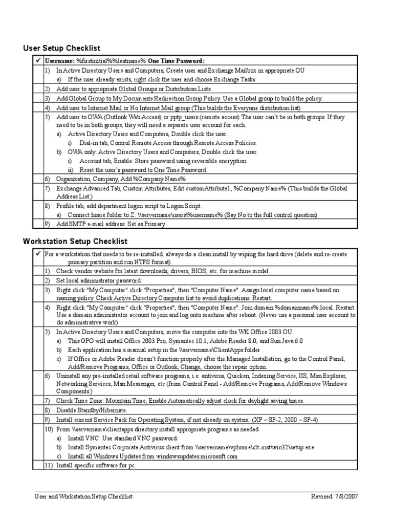 User and Workstation Setup Checklist | PDF | Active Directory | User ...