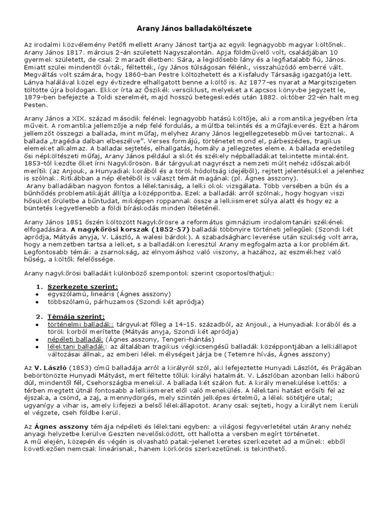 Irodalom Szóbeli Tétel-Arany János Balladaköltészete | PDF