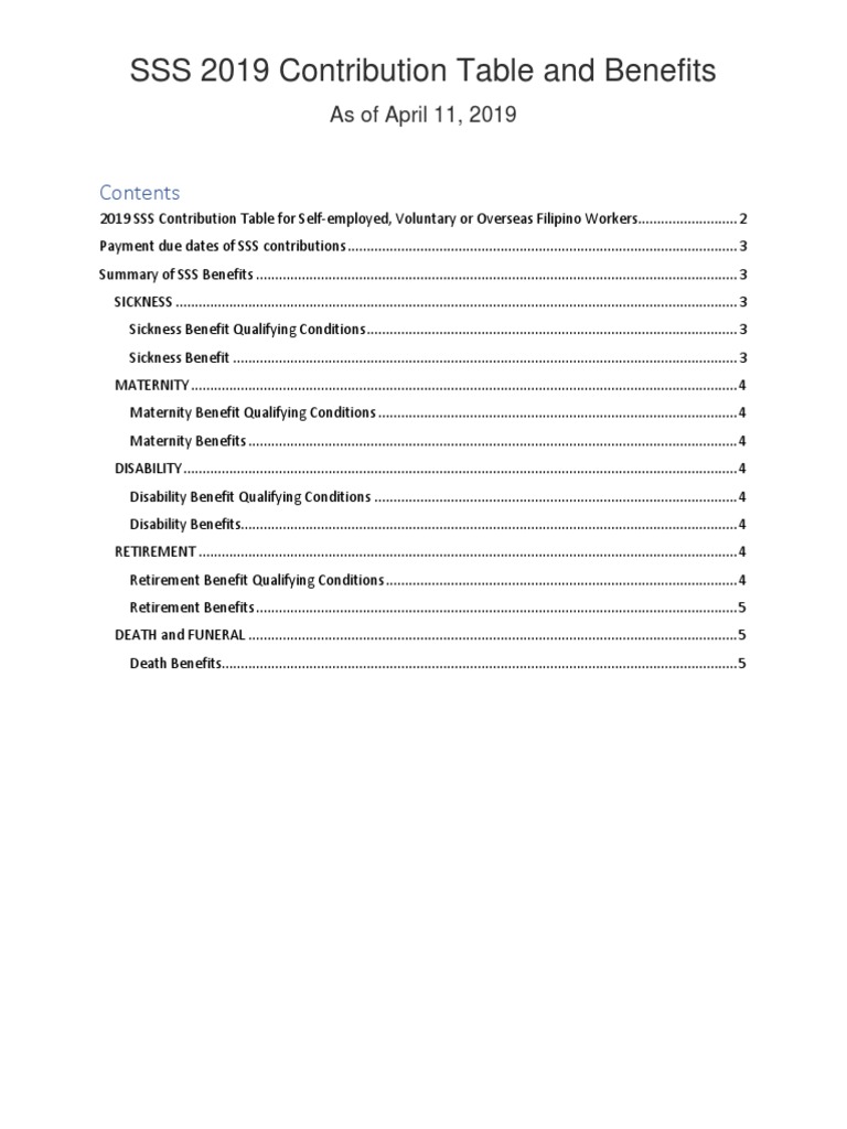 SSS 2019 Contribution Table and Benefits | PDF | Pension | Childbirth