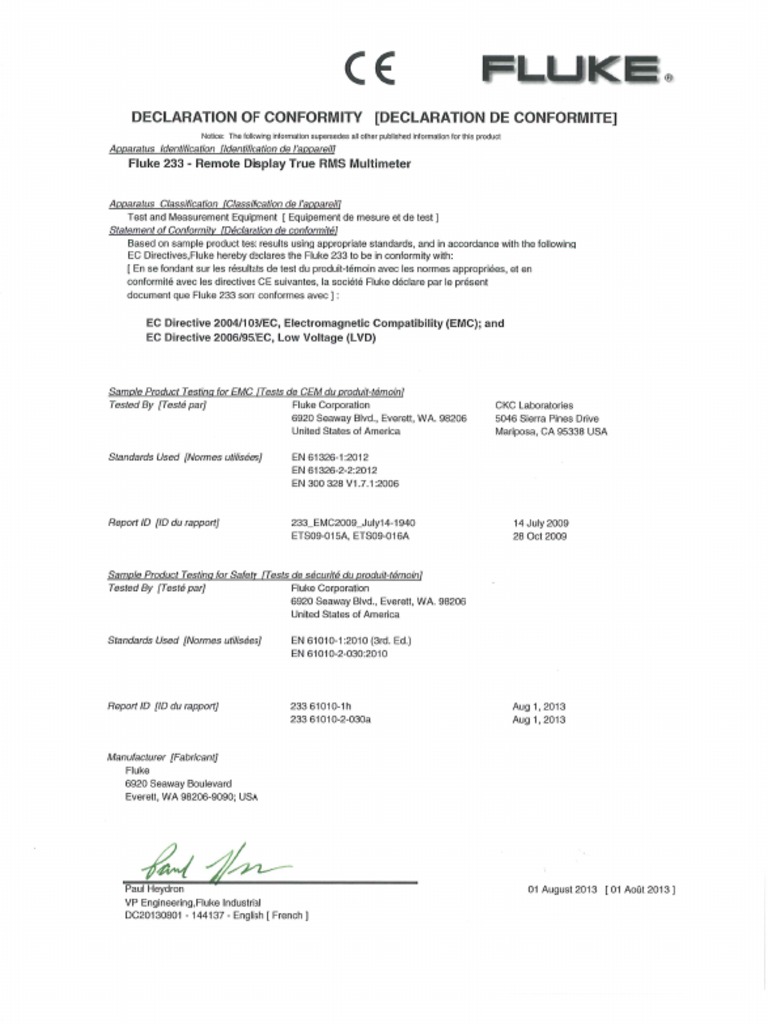 Fluke 233 Certificate Conformity Pdf
