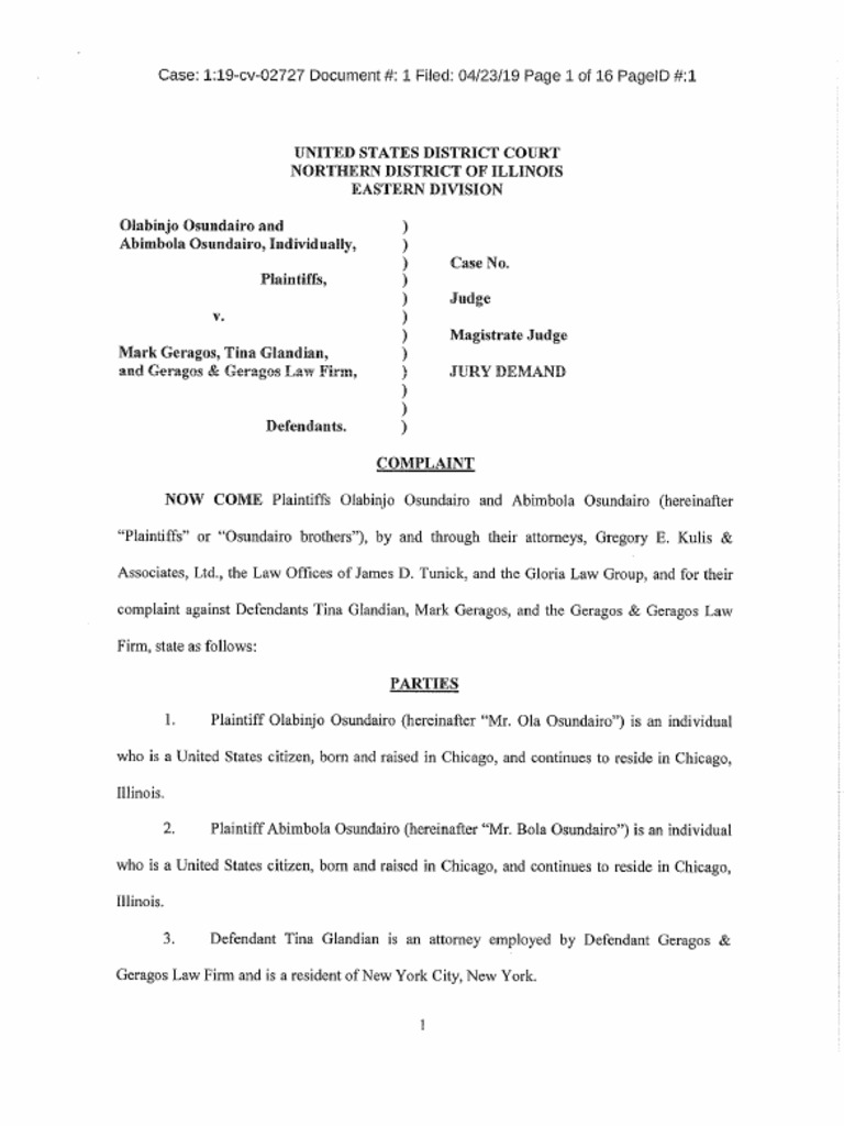 Olabinjo Osundairo and Abimbola Osundairo v. Mark Geragos, Tina ...