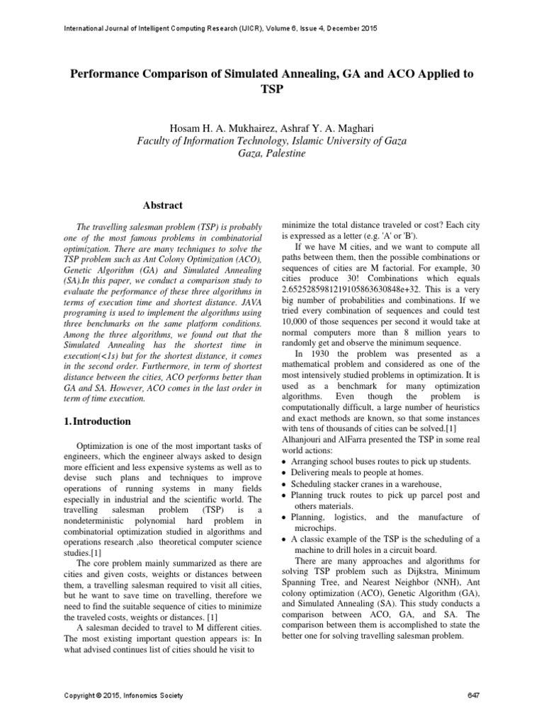 Performance Comparison of Simulated Annealing GA and ACO Applied To TSP ...