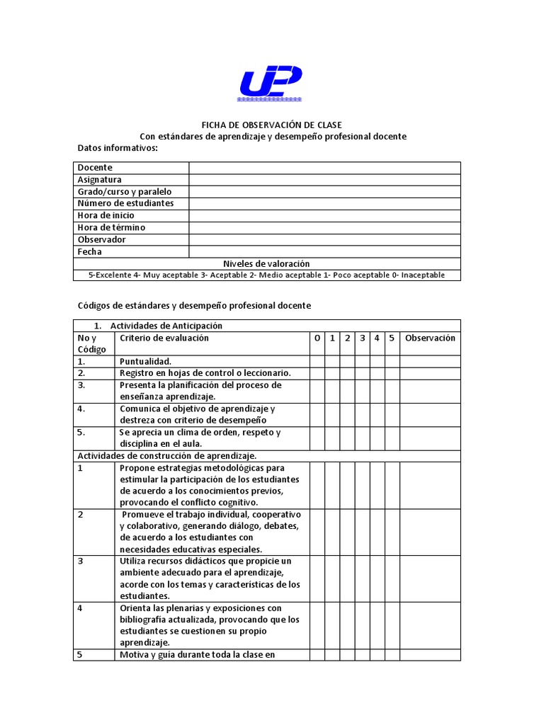 Ficha de Observación de Clase | PDF | Maestros | Aprendizaje
