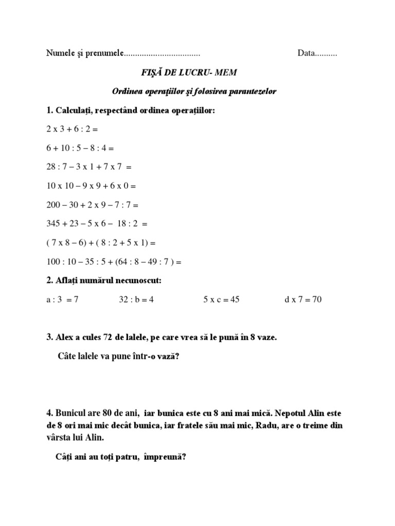 Fisa de Lucru Mem Ordinea Operatiilor Cl. A II A | PDF