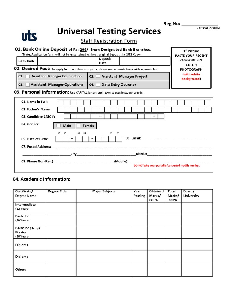 Universal Testing Services: Staff Registration Form | PDF | Academic ...
