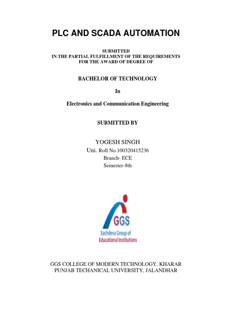 PLC and Scada Automation: Bachelor of Technology in Electronics and Communication Engineering ...