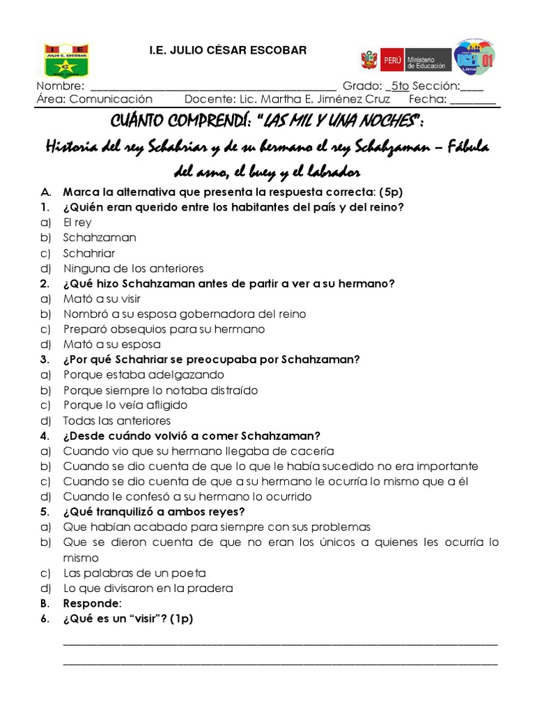 Control de Lectura - Historia Del Rey Schahriar y de Su Hermano El Rey ...