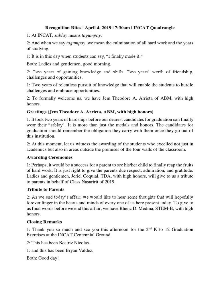 Sablay Ceremony - Recognition Rites Script | PDF