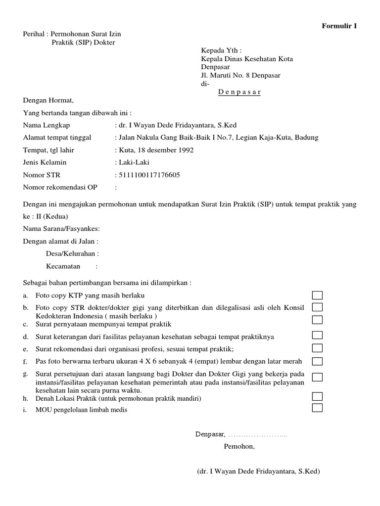 Form Permohonan SIP Dokter Di Kota Denpasar | PDF