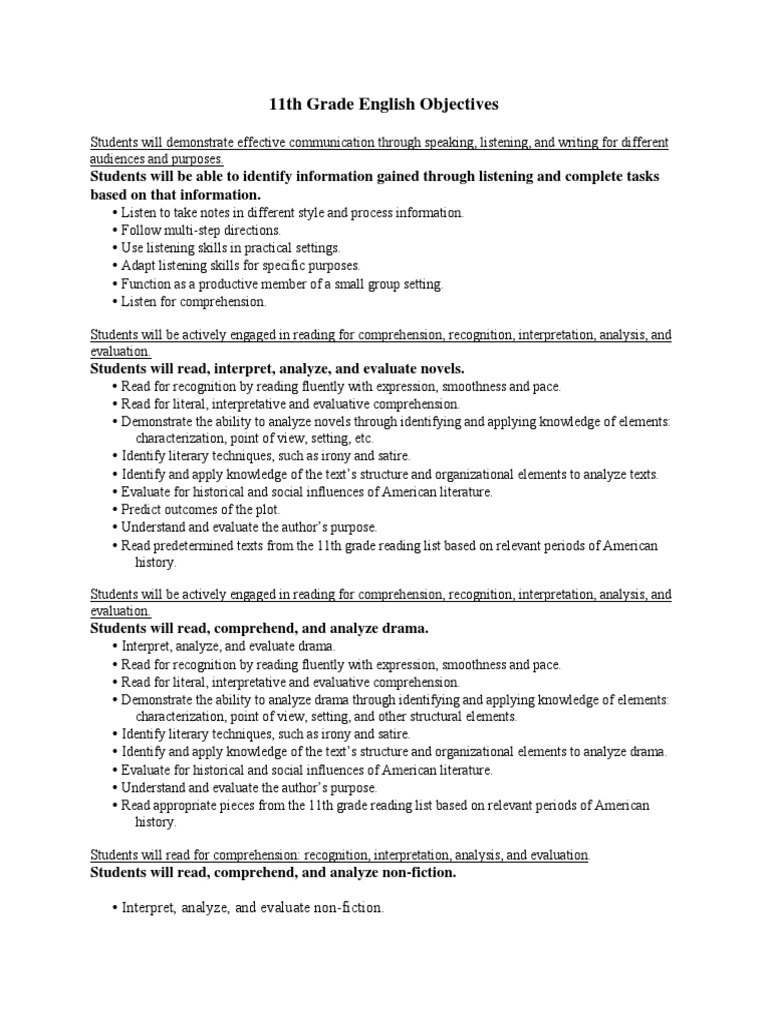 11th Grade English | PDF | Reading Comprehension | Reading (Process)