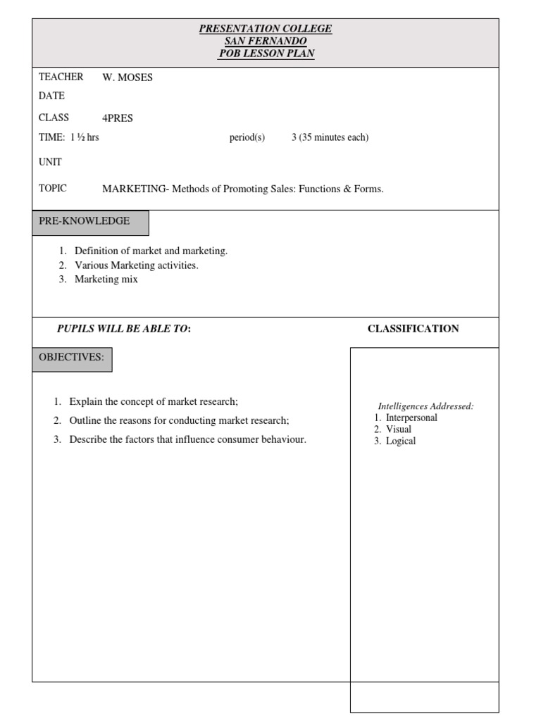 Lesson Plan Pob Marketing | PDF | Marketing | Marketing Research