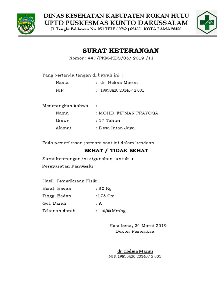 Surat Keterangan Sehat (Kir) | PDF