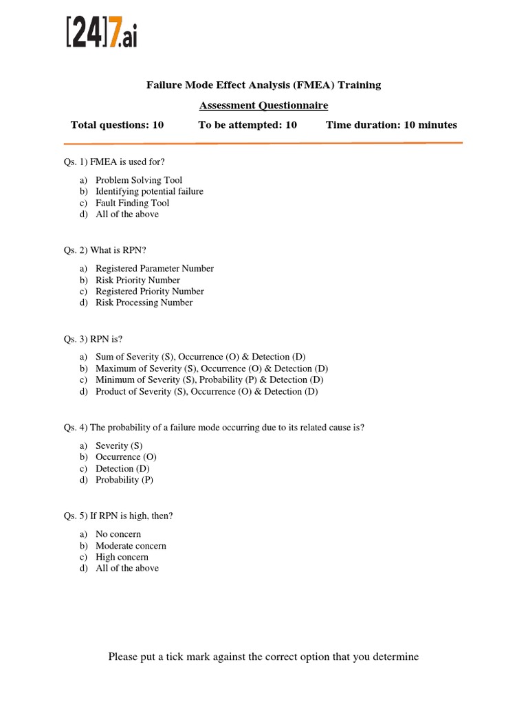 FMEA Training Assessment Questionnaire | PDF