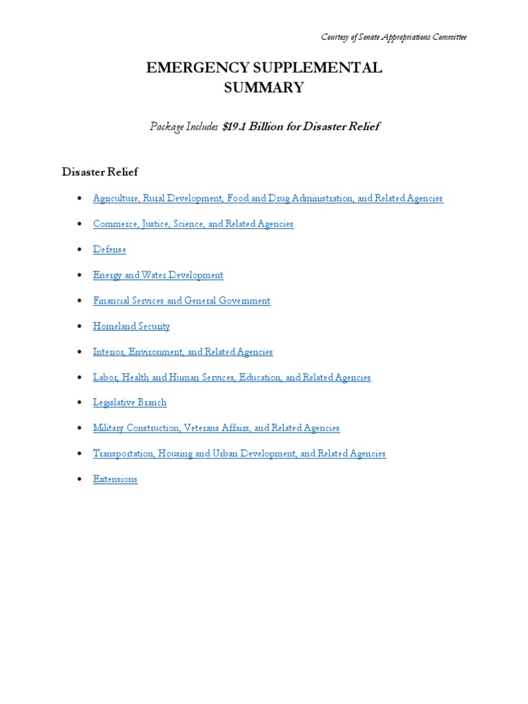 Emergency Supplemental Summary - Disaster | PDF | Federal Emergency ...