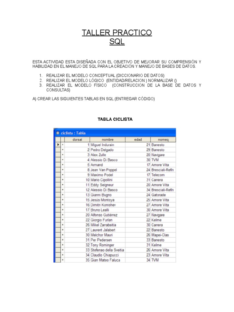 Taller Practico SQL Sin Resolver | PDF | SQL | Bases de datos