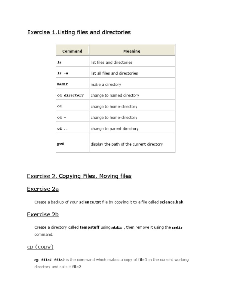Exercise 1 Listing Files And Directories Command Meaning Ls Ls A Mkdir Cd Directory Cd Cd Cd