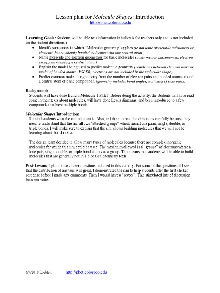Lesson Plan For Molecule Shapes: Introduction: Learning Goals | PDF