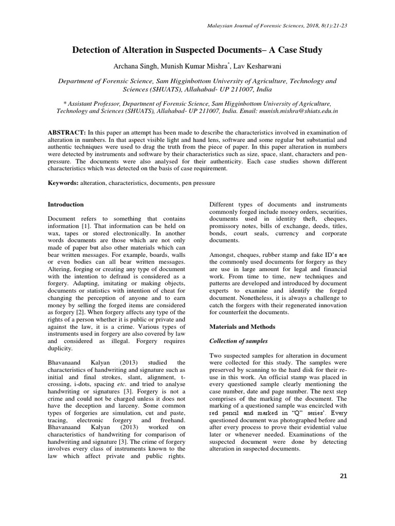 Detection of Alteration in Suspected Documents - A Case Study | PDF | Forgery