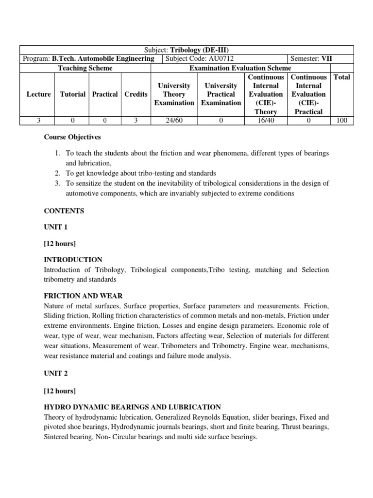 Subject Tribology Syllabus | PDF | Wear | Bearing (Mechanical)